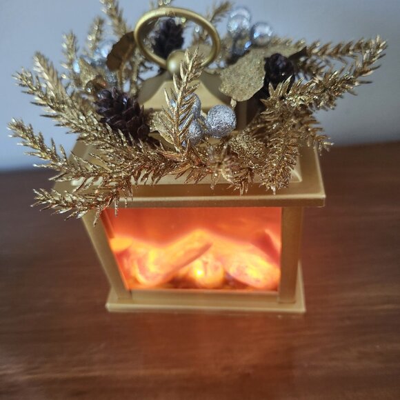 Fire Light Lantern | Holiday | Fire Light Lantern Gold With Pine Wreath ...
